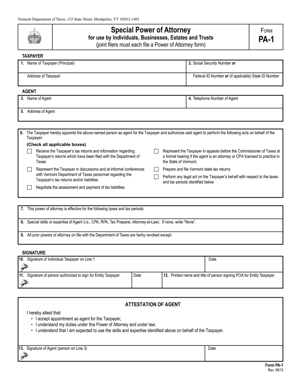 Free Vermont Tax Power of Attorney | Form PA-1 - PDF