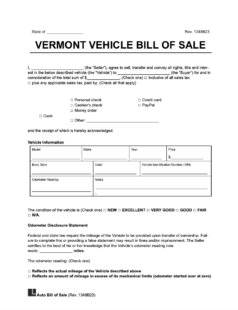 Free Vermont Motor Vehicle Bill of Sale Form | PDF & Word