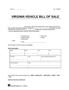 Free Virginia Motor Vehicle Bill of Sale Form | Printable PDF & Word