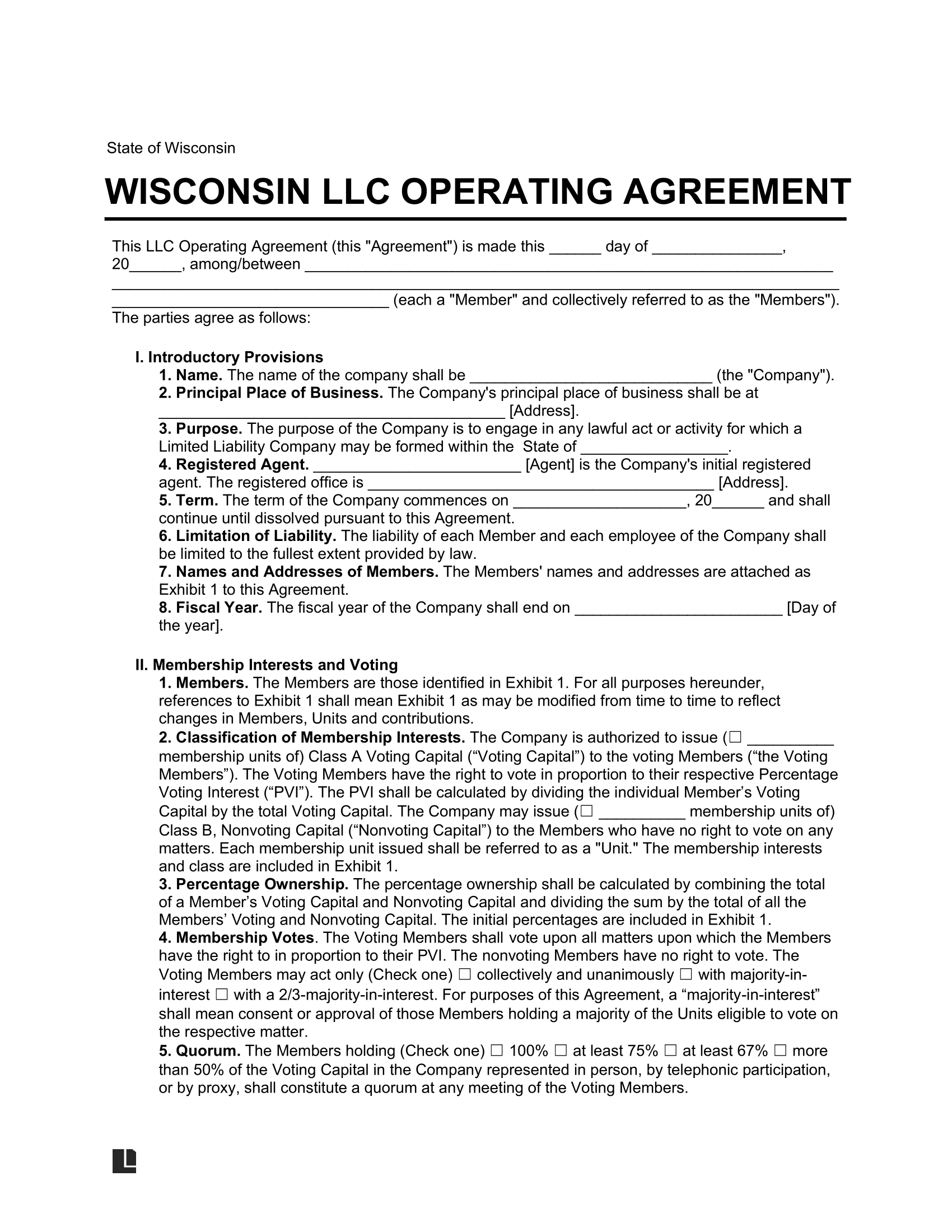 Free Wisconsin LLC Operating Agreement Template PDF Word