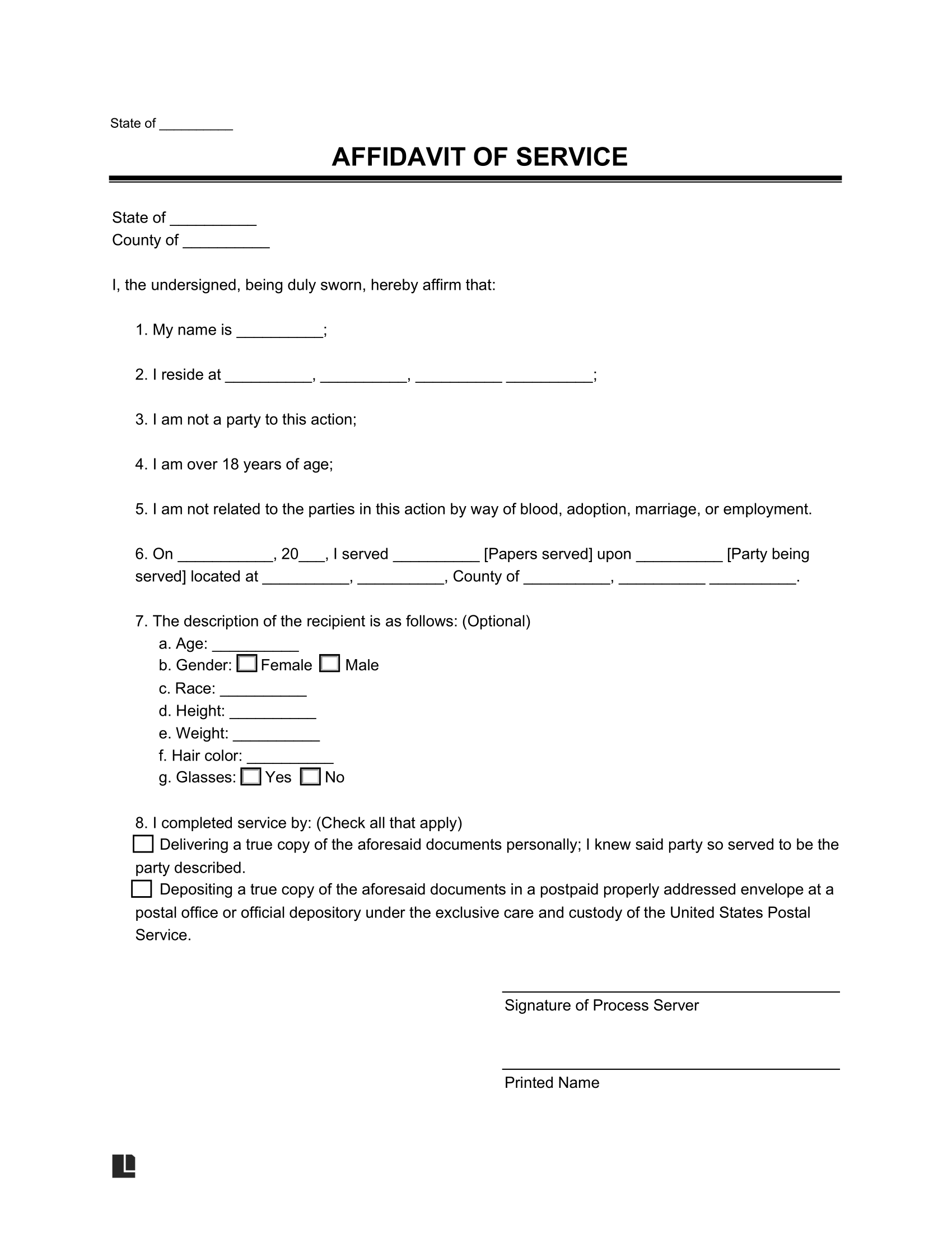 Free Affidavit Of Service Proof Of Service Form PDF Word