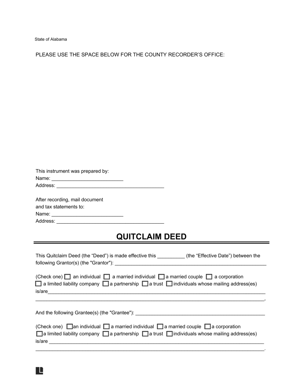 Alabama Quitclaim Deed Form | Legal Templates