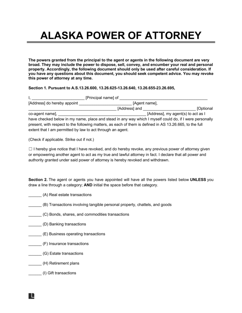 Free Alaska General Power of Attorney Form | PDF & Word