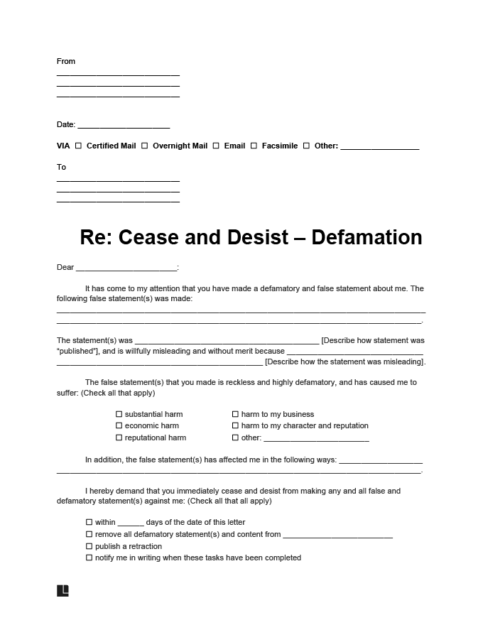 Cease And Desist Slander Letter Free Template