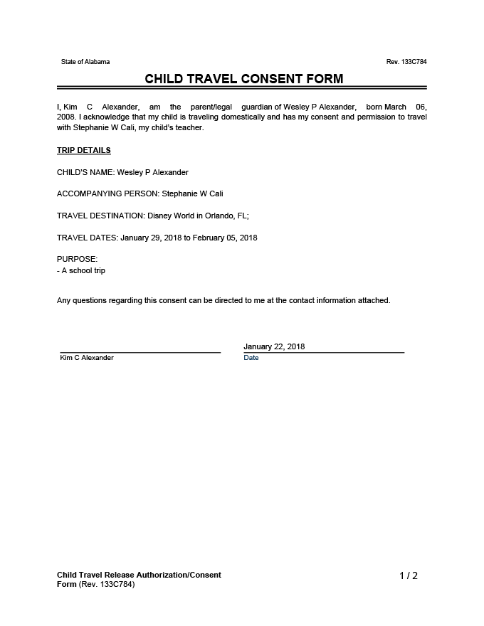 Permission To Travel Letter Sample