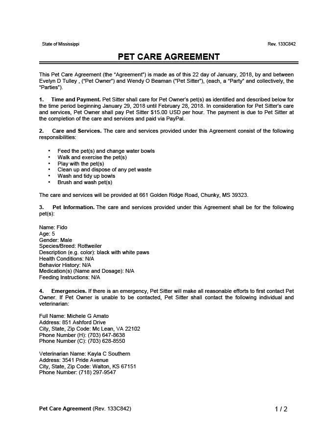 Pet Sitting Agreement Create A Free Pet Care Agreement Form