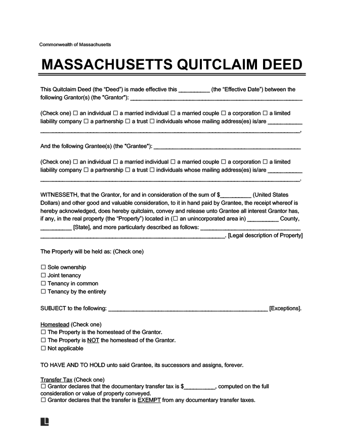 Free Massachusetts Quitclaim Deed Form PDF Word
