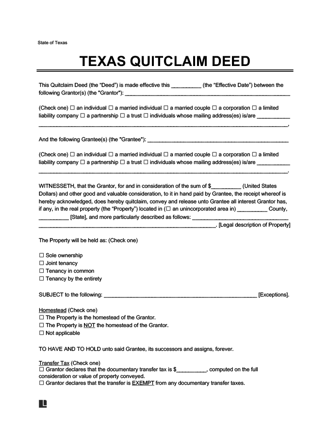 Free Texas Quitclaim Deed Form PDF Word