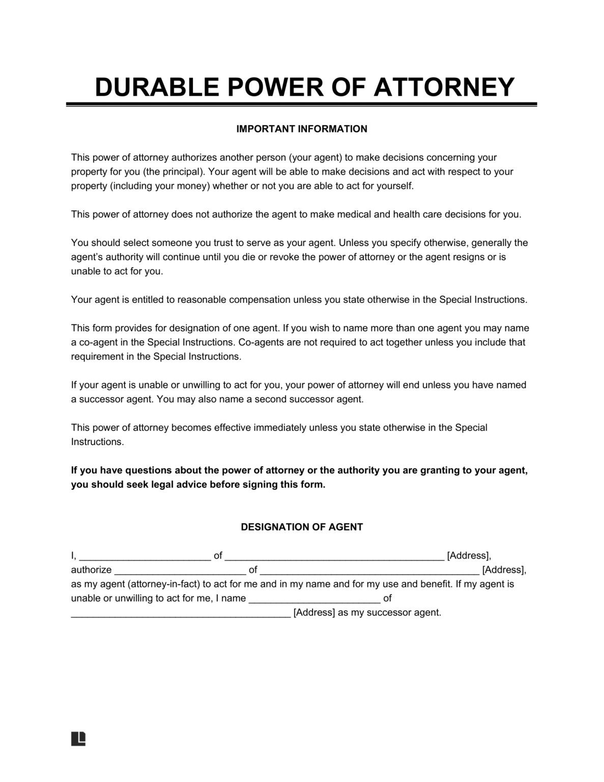 Free Durable (Financial) Power of Attorney Form - PDF & Word