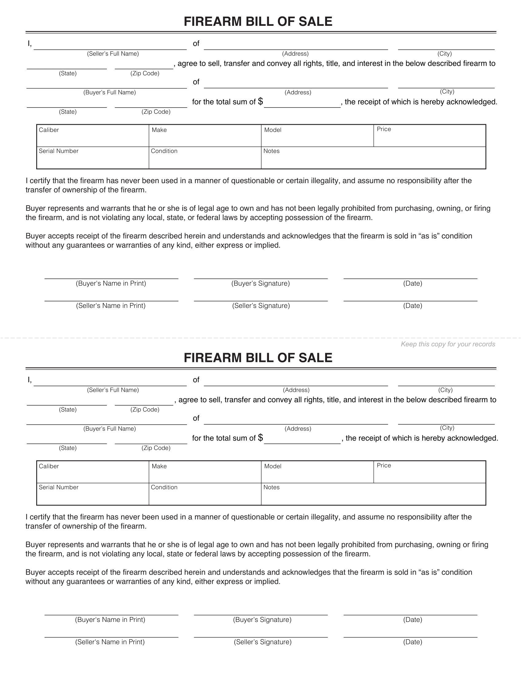 Firearm Bill of Sale Form | Legal Templates