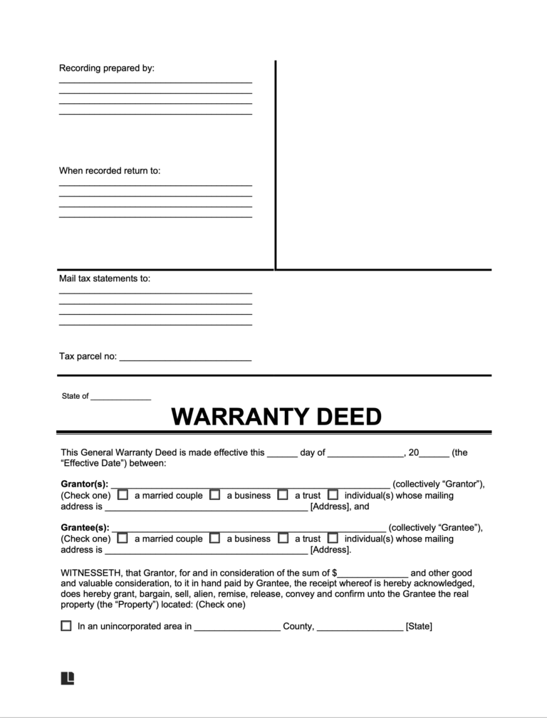 Free Warranty Deed Form | PDF & Word