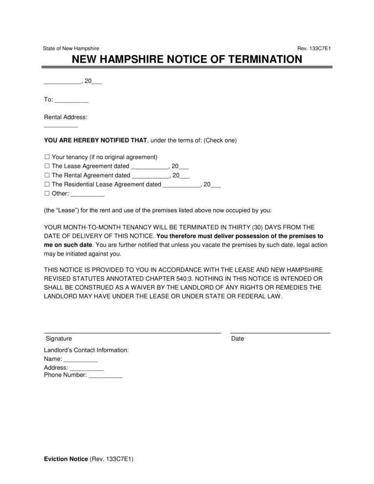 Free New Hampshire Lease Termination Letter Form | 30-Day Notice