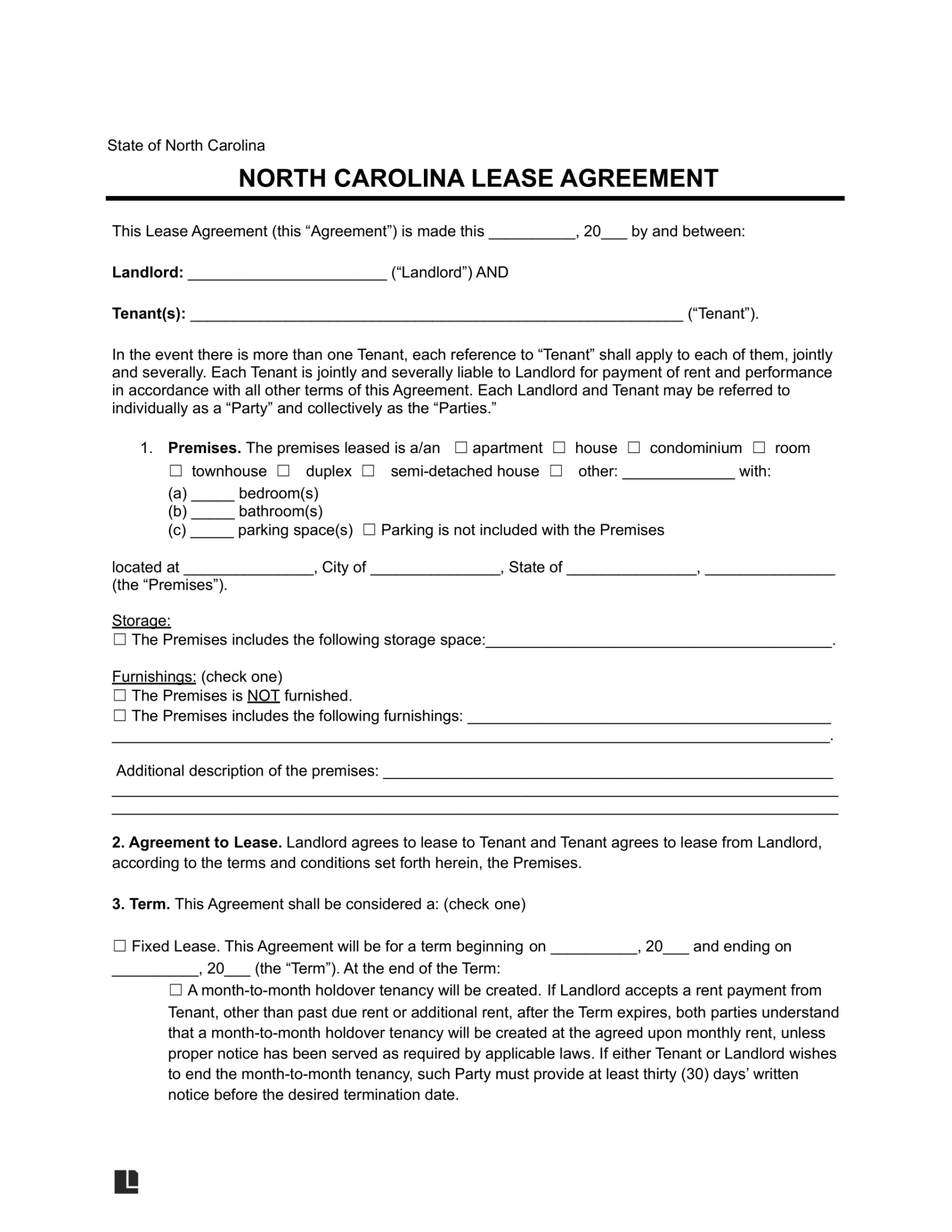Free North Carolina Lease Agreement Form | Legal Templates