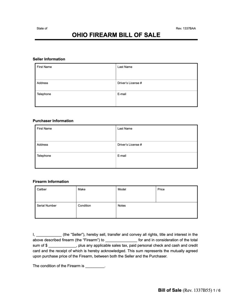 Ohio Firearm Bill of Sale Form | Legal Templates