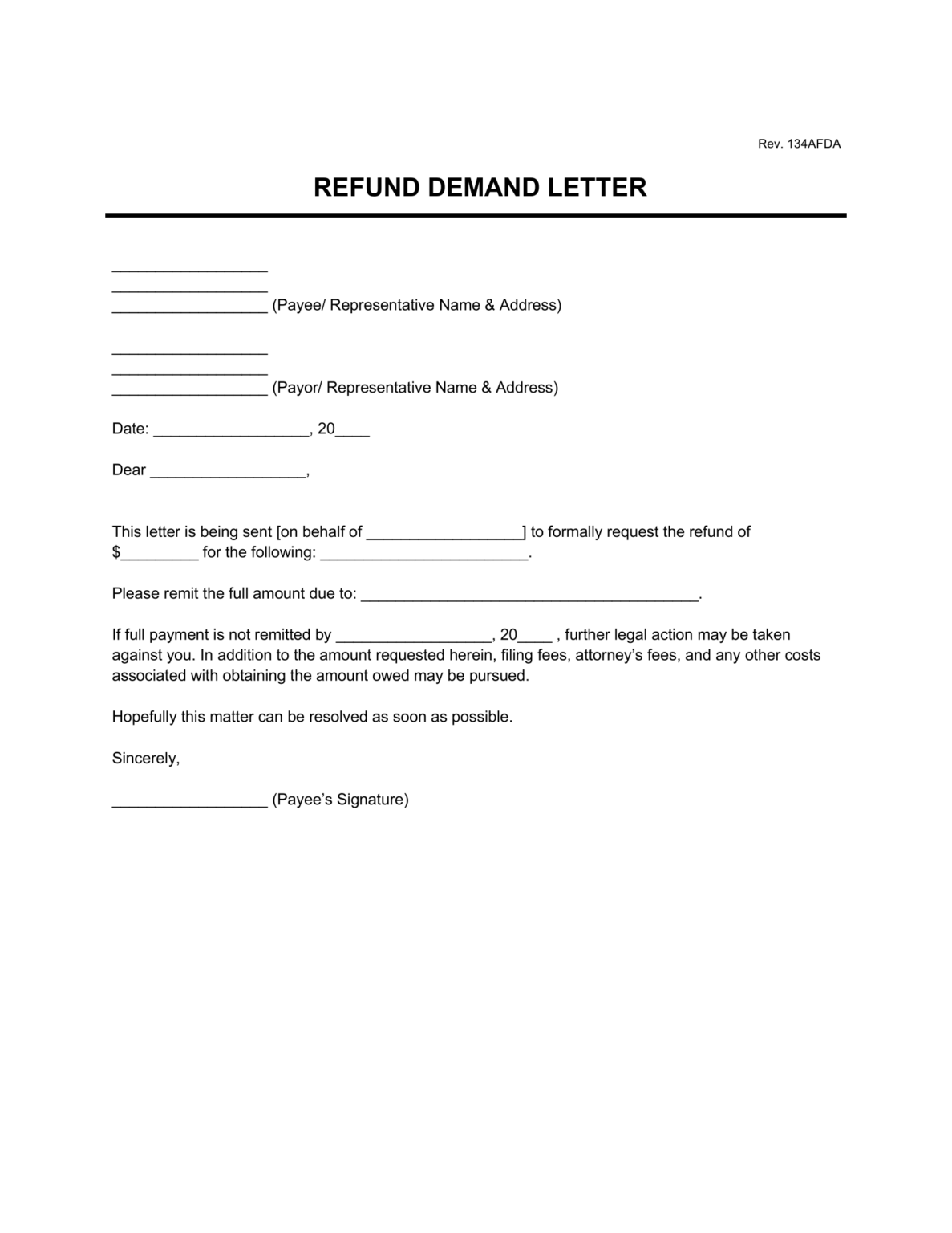 Free Refund Demand Letter - PDF & Word